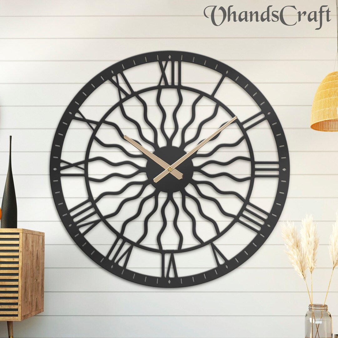 Black Large Roman Numbers Metal Wall Clock LED Lights, Modern Silent ...