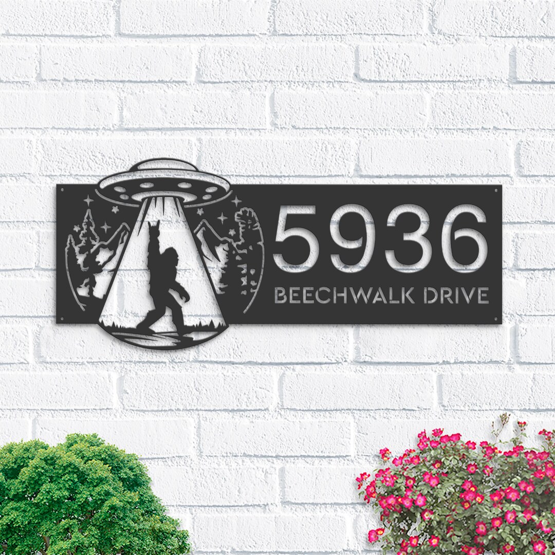 Personalized Bigfoot UFO Metal Address Sign, Custom House Number - Etsy
