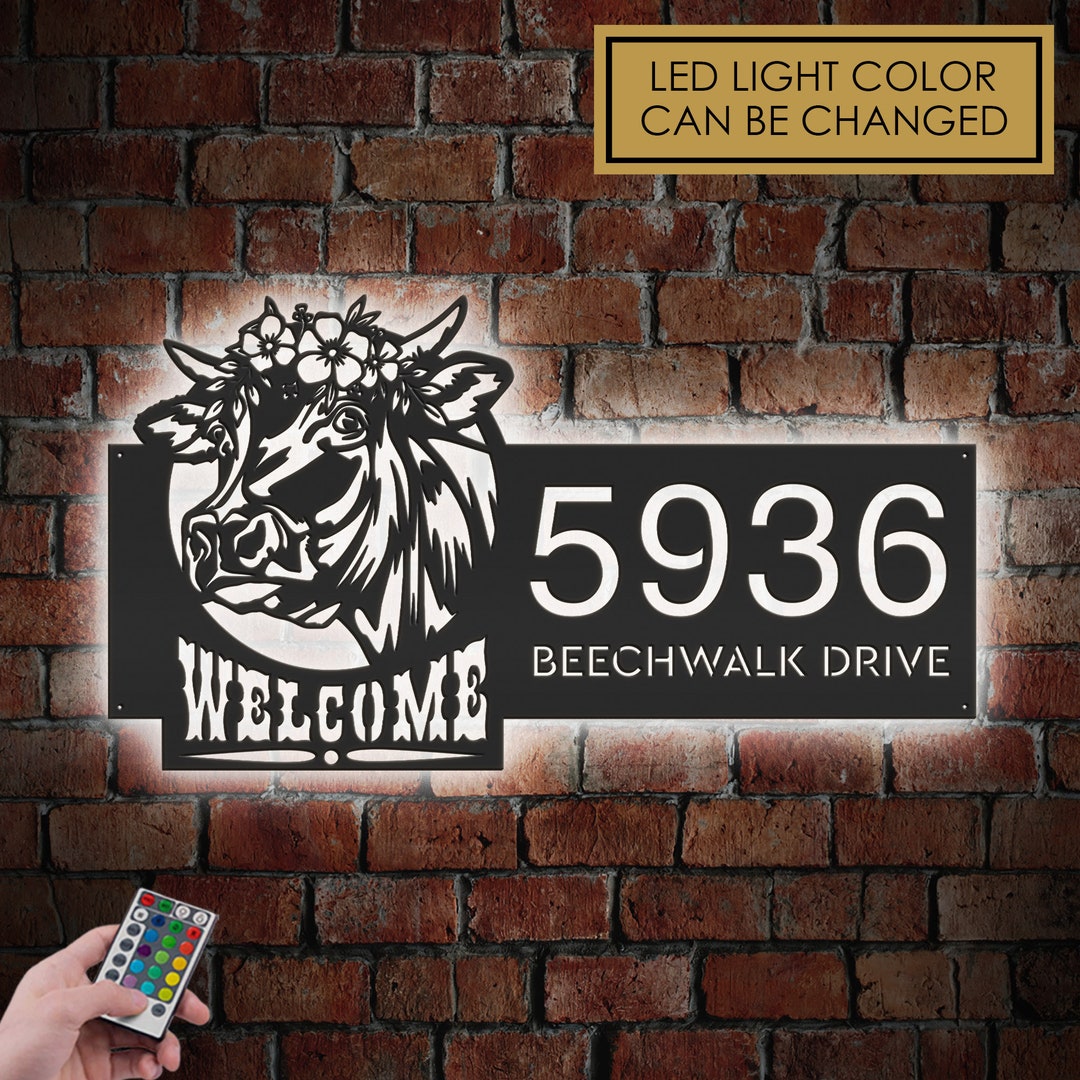 Personalized Cow Address Sign With LED Lights, Farmhouse Decor - Etsy