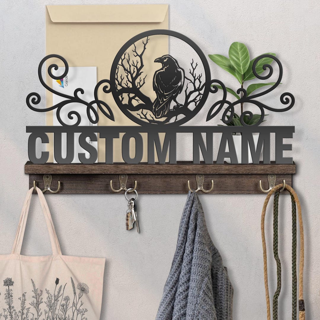 Personalized Raven on a Tree Branch Key Holder, Wood Wall Mount for ...
