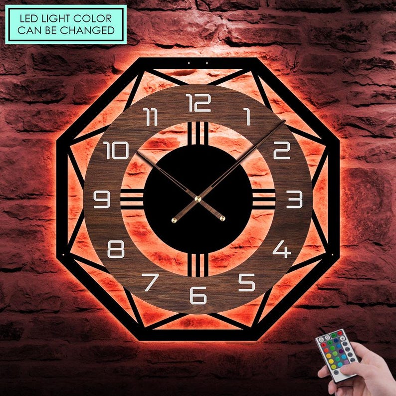 Mid Century Octagon Wooden Wall Clock With LED Lights - Etsy