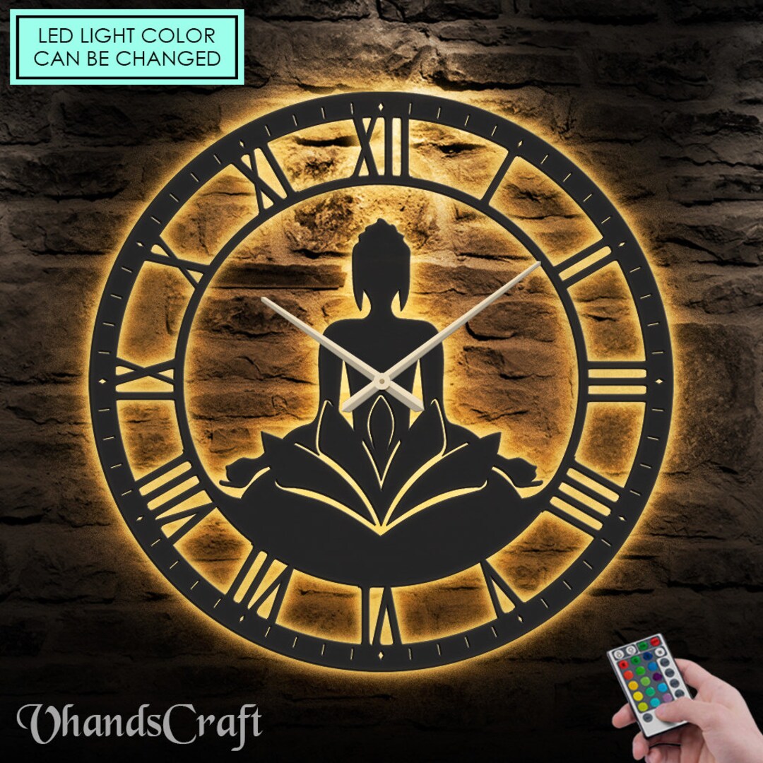 Black Large Zen Lotus Buddha Roman Numbers Metal Wall Clock LED Lights ...