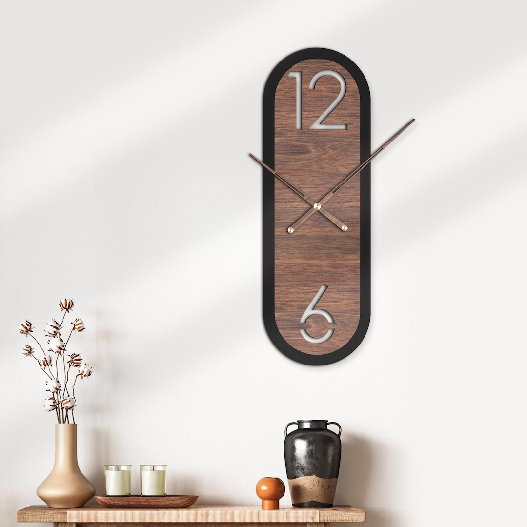 Mid Century Modern Wooden Wall Clock With Large Minimalist Rustic Black ...