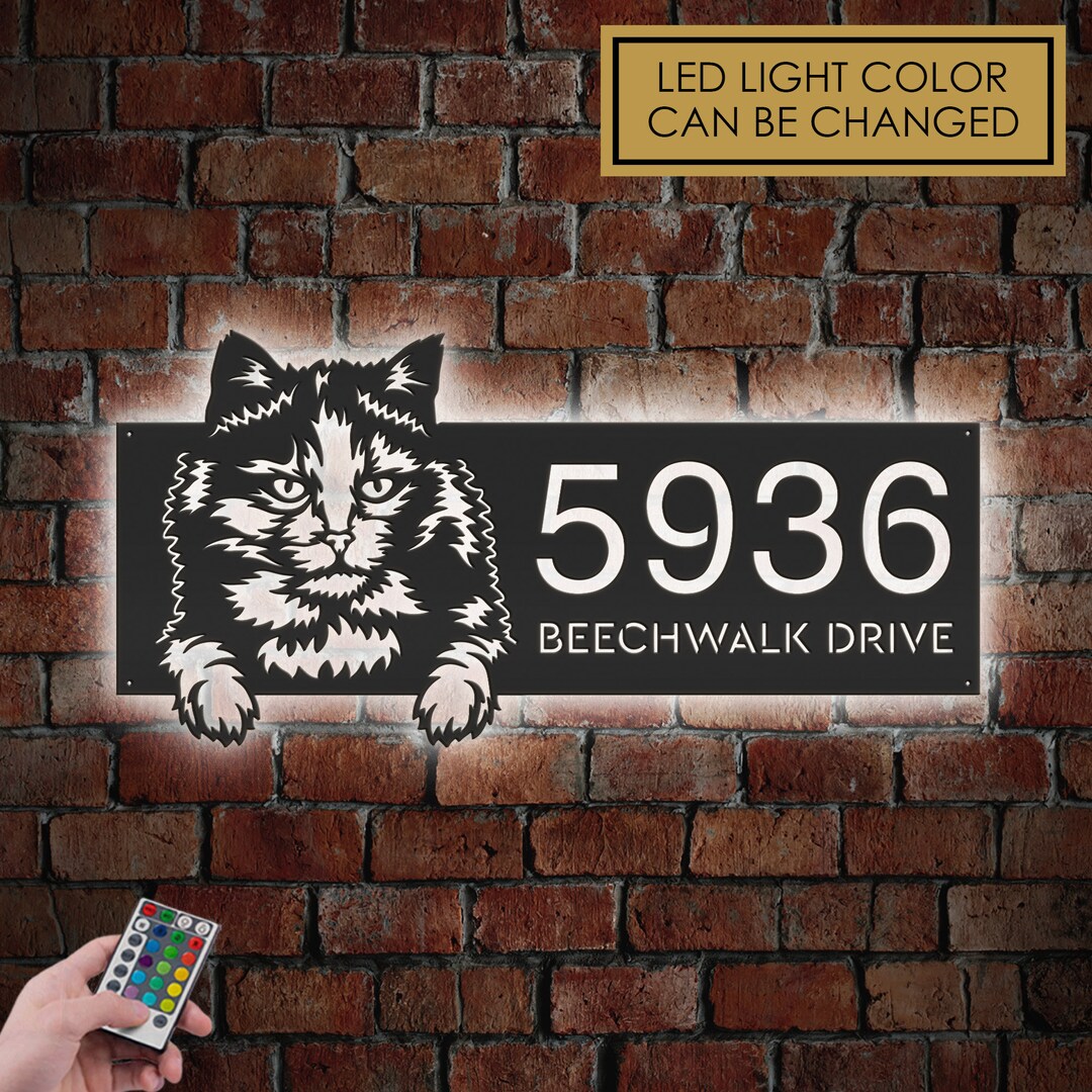 Personalized Peeking Tortoiseshell Cat Metal Address Sign With LED ...