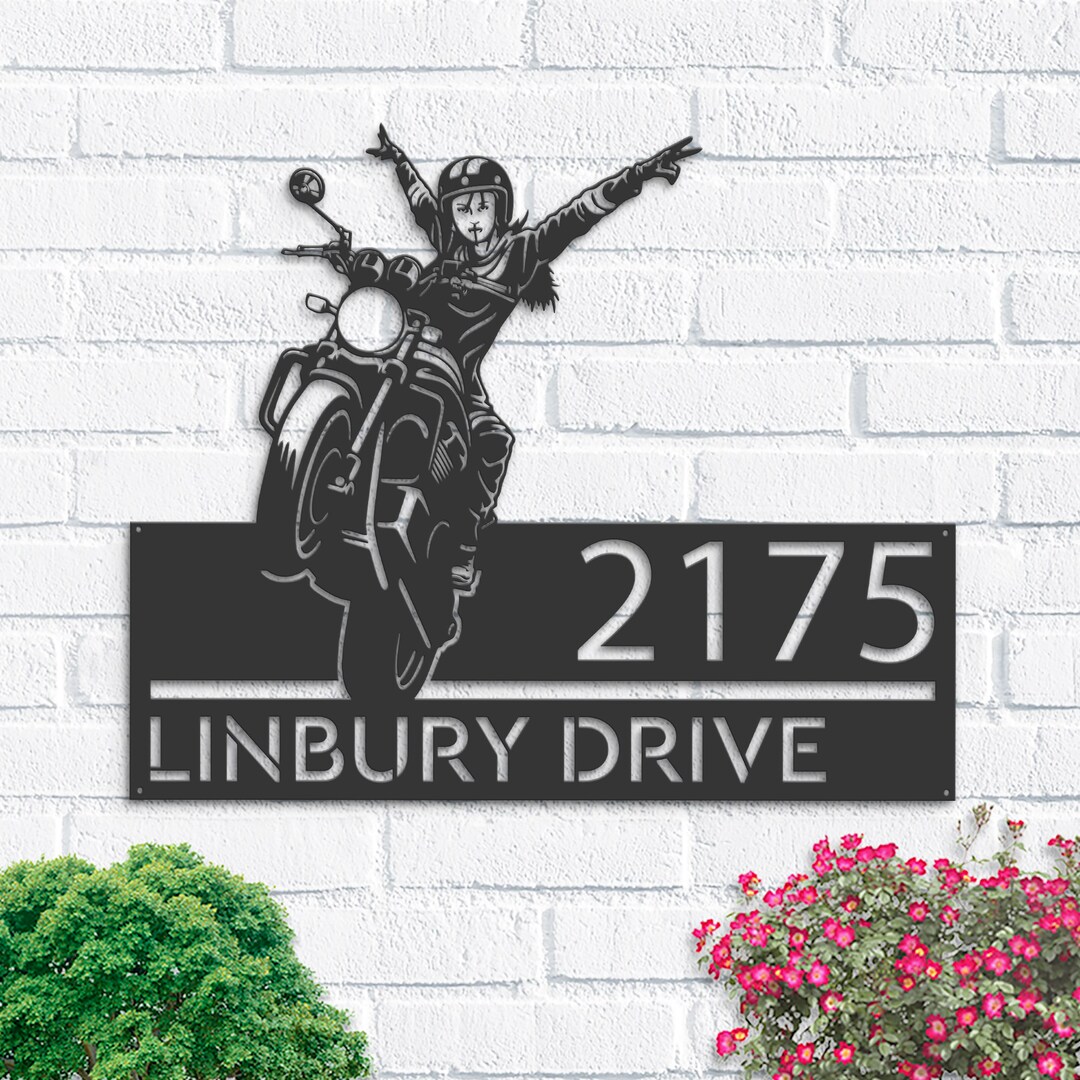 Personalized Metal Biker Girl Address Sign | Custom Hanging Plaque - Etsy