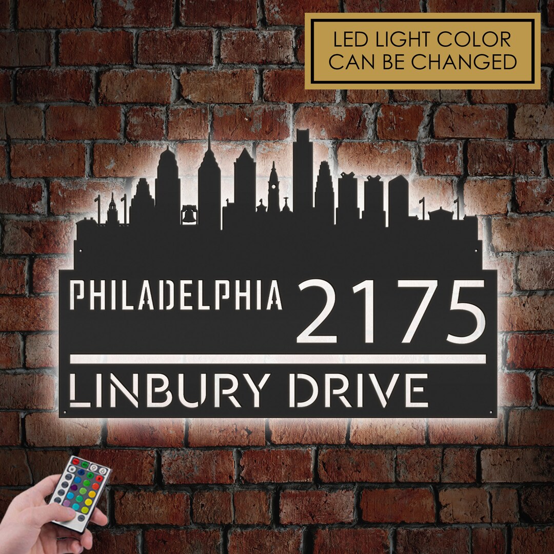 Personalized Philadelphia City Skyline Metal Address Sign With LED ...