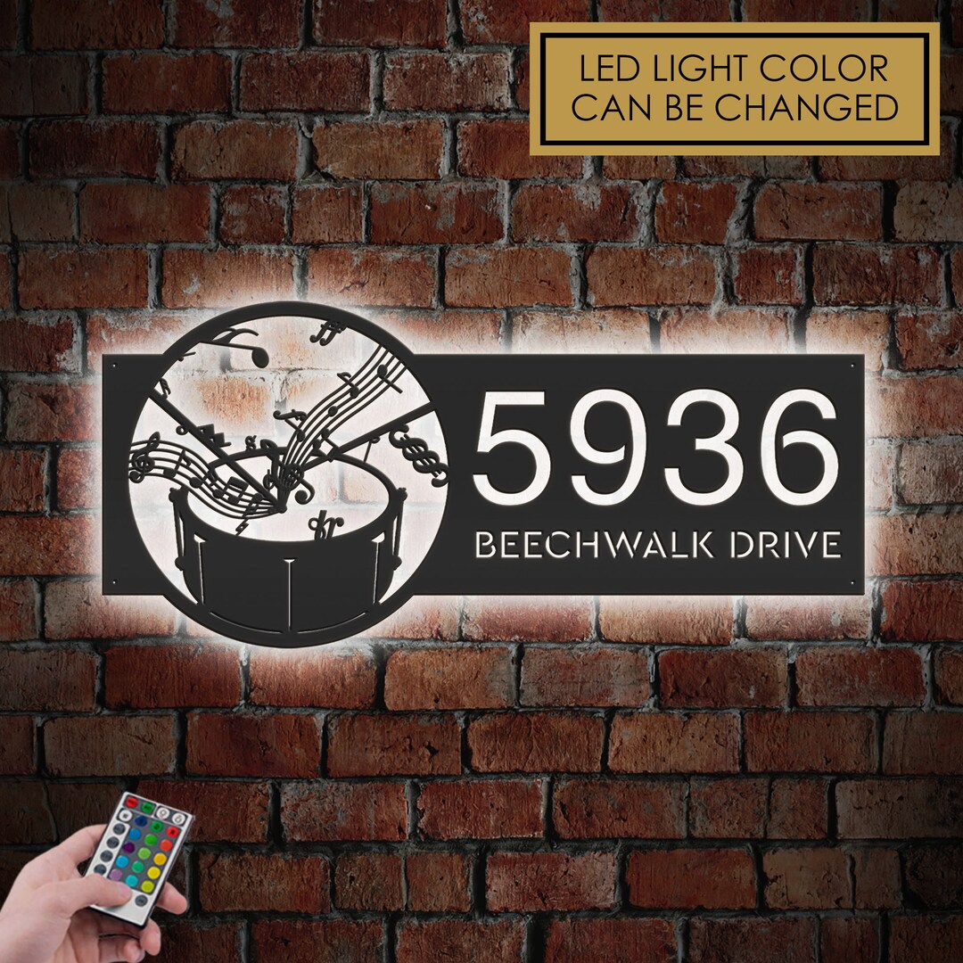 Personalized Drum Music Notes Metal Address Sign With LED Lights House ...