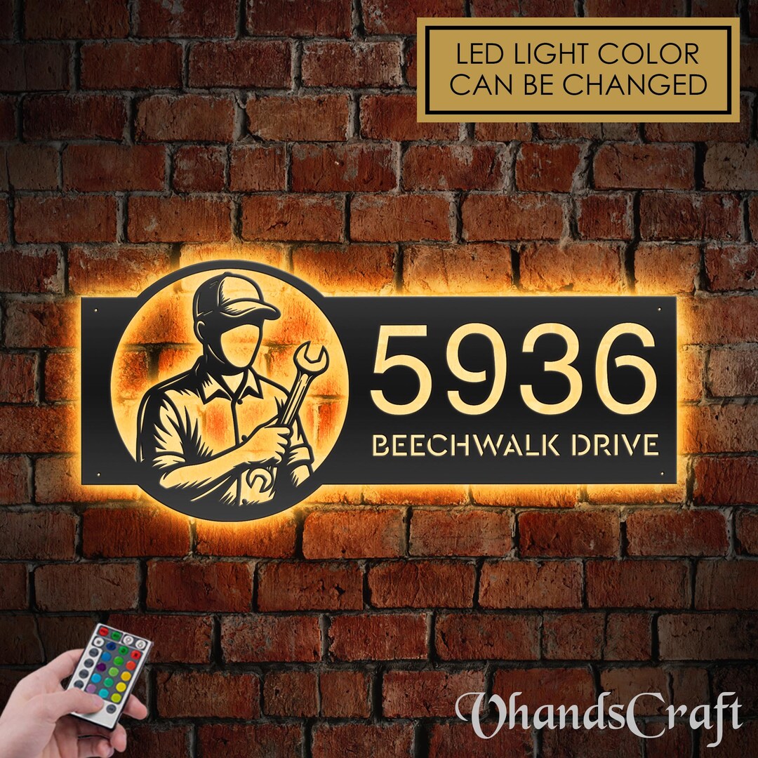 Personalized Mechanic Metal Address Sign With LED Lights - Custom House ...