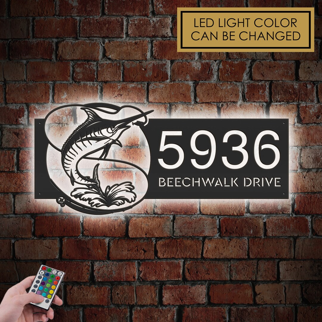 Personalized Marlin Fishing Metal Address Sign With LED Lights House ...