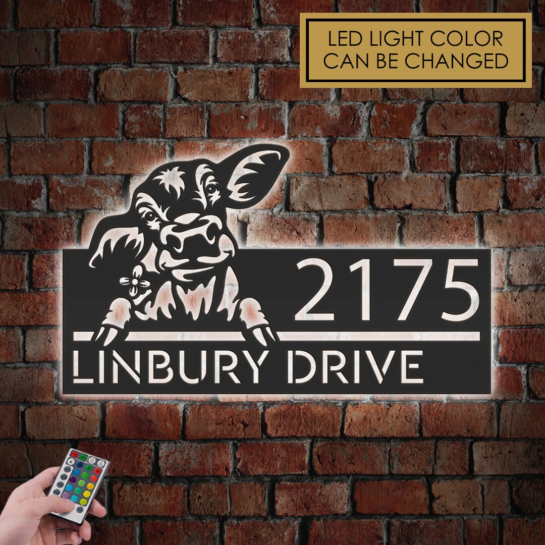Personalized Peeking Calf Metal Address Sign With LED Lights House ...