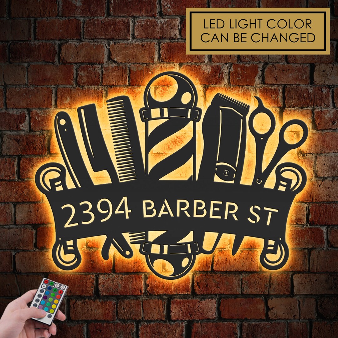 Personalized Barbershop Hair Stylist Barber Metal Address Sign With LED ...
