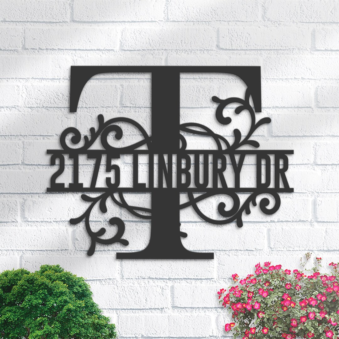 Personalized Floral Monogram Split Letter T Metal Address Sign House ...