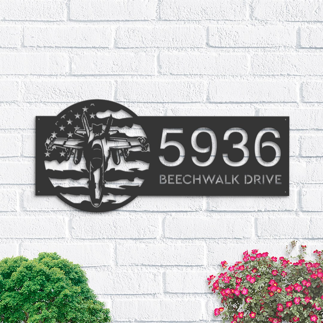 Personalized Fighter Jet Airplane US Flag Metal Address Sign House ...