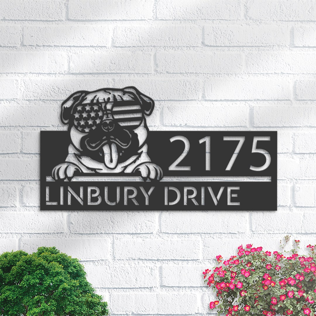 Personalized Pug Dog US Flag Glasses Metal Address Sign House Number ...