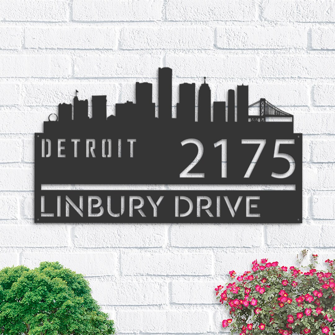 Personalized Detroit City Skyline Metal Address Sign Hanging Address ...