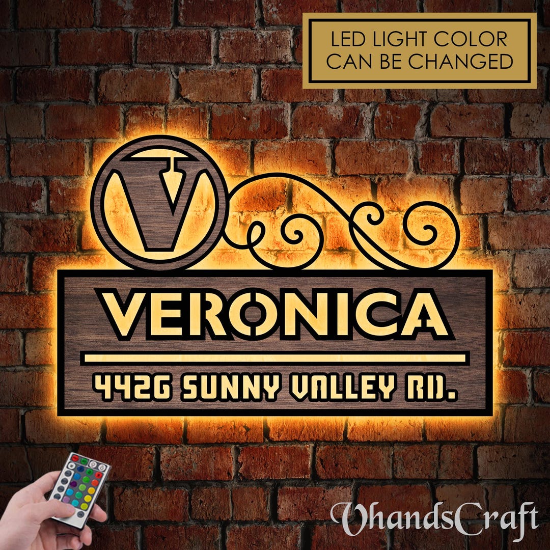 Custom Wood & Metal Address Sign, LED Lights, Personalized Family Name ...