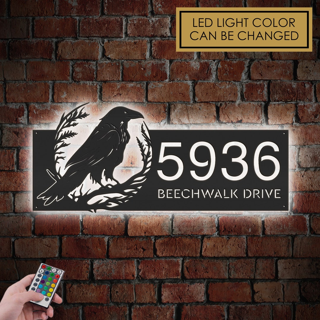 Personalized Crow Raven Metal Address Sign With LED Lights House Number ...