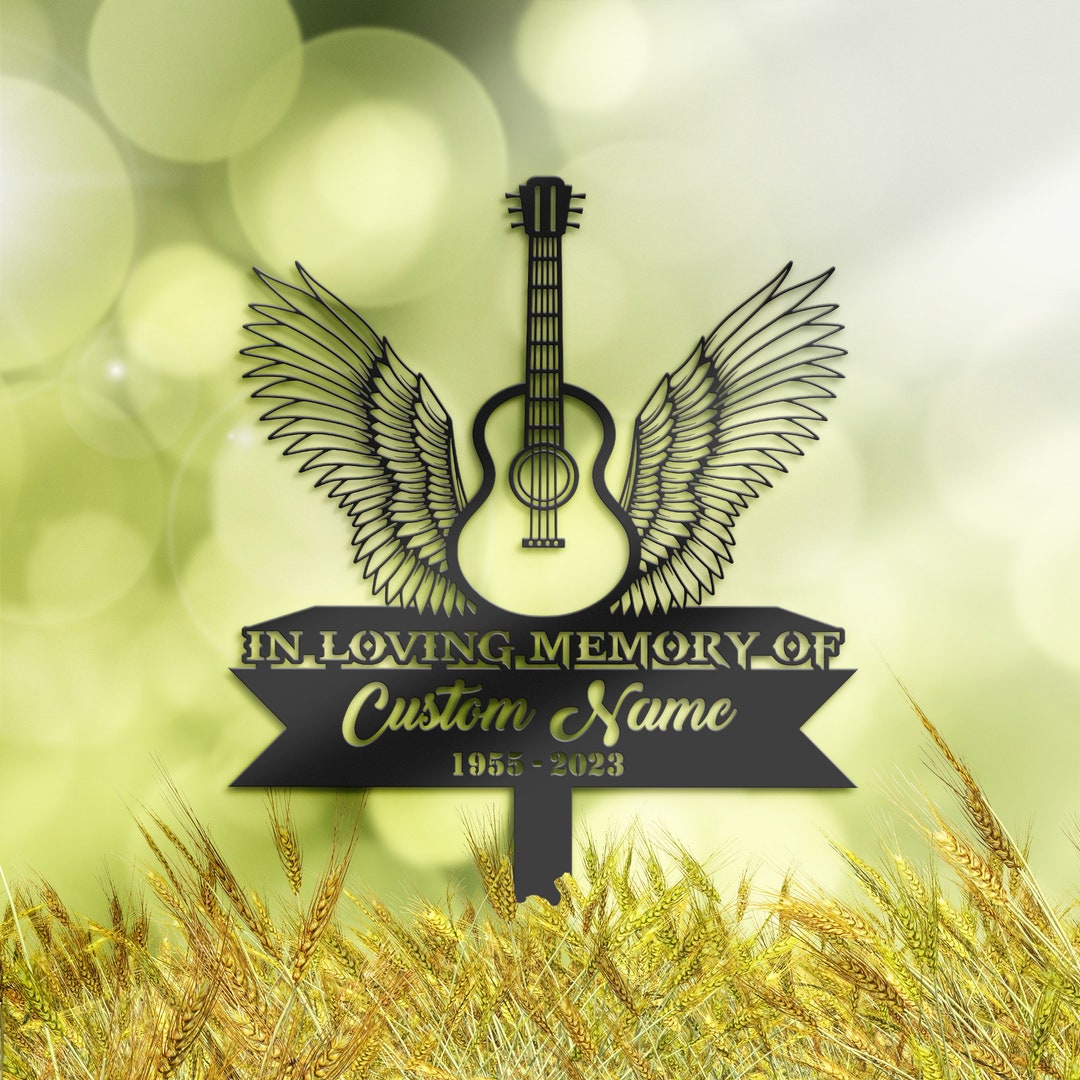 Personalized Acoustic Guitar Angel Wings Memorial Stake, Metal Stake ...