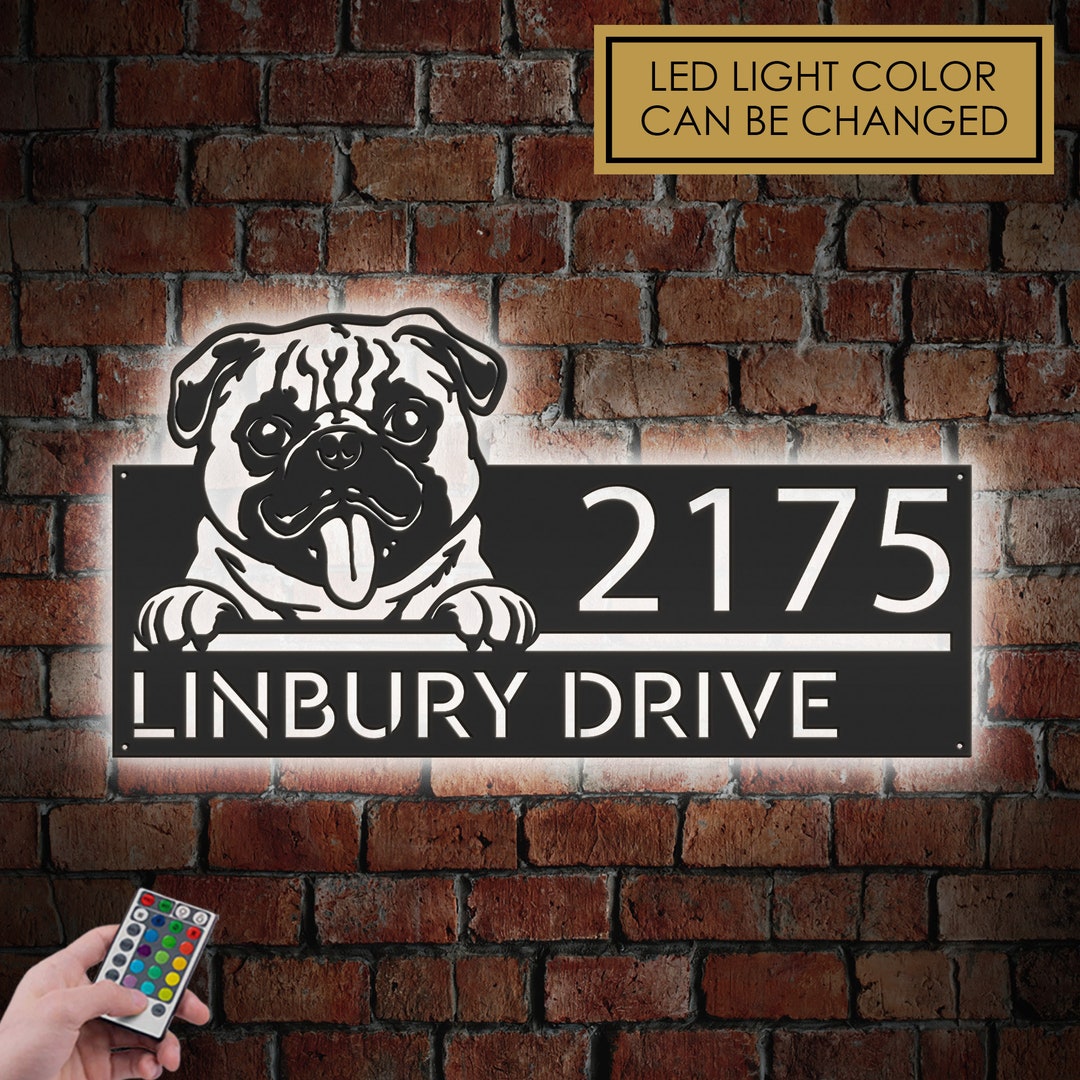 Personalized Peeking Pug Dog, Cute Puppy Metal Address Sign With LED ...