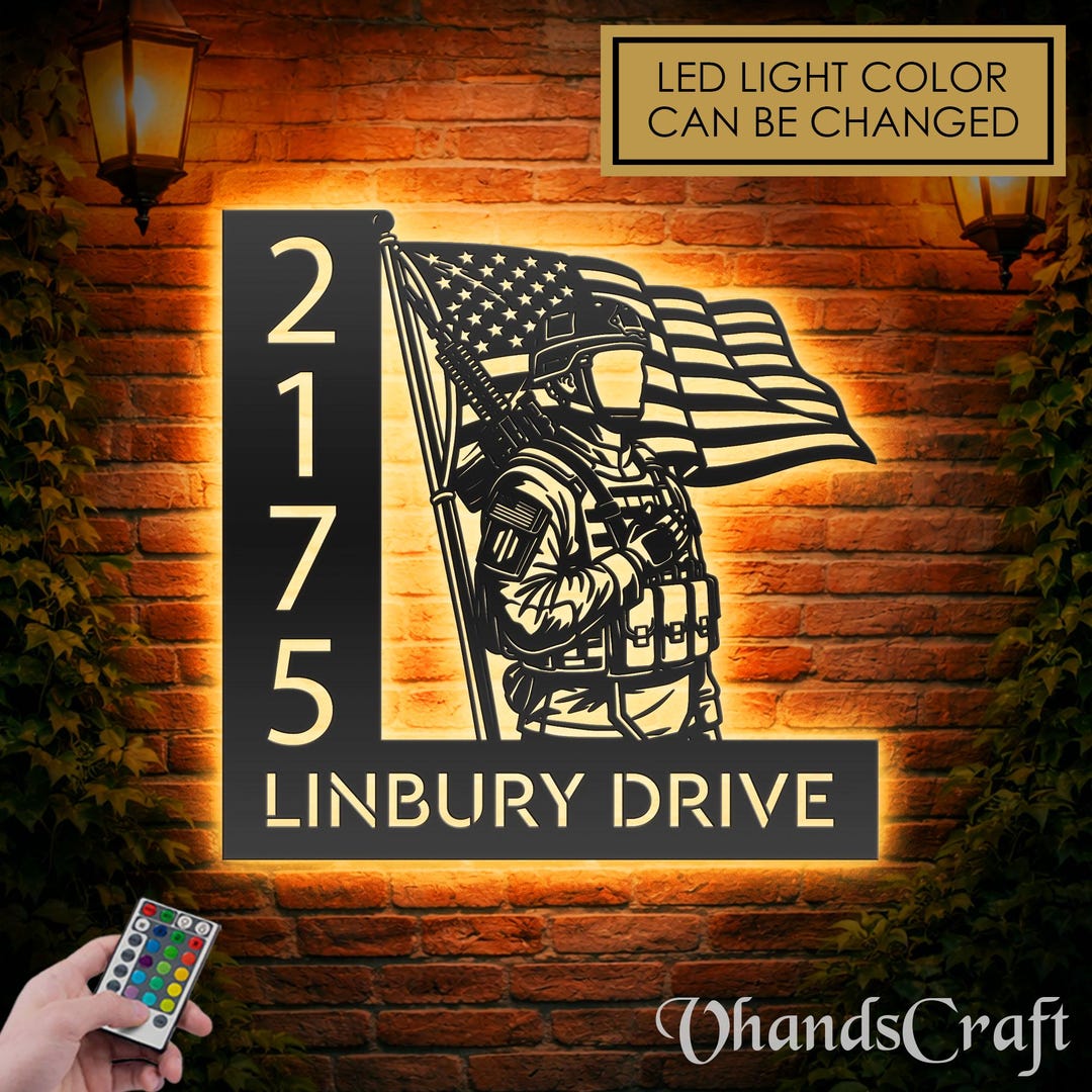 Personalized Soldier Under US Flag LED Address Sign - Custom Metal ...