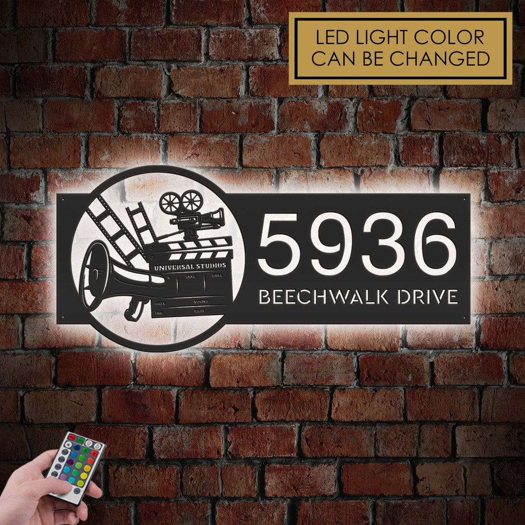 Personalized Metal Address Sign With LED Lights, Cinema Movie Camera ...