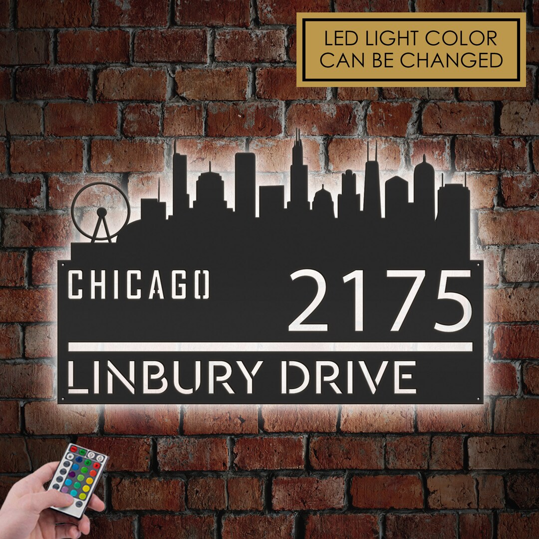 Personalized Chicago City Skyline Metal Address Sign With LED Lights ...