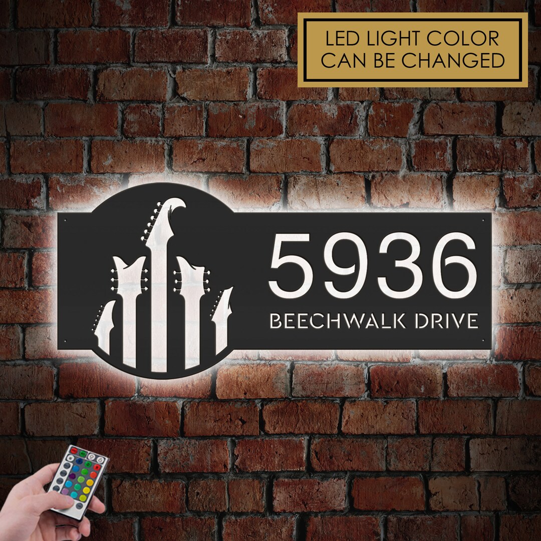 Personalized Guitar Metal Address Sign With LED Lights House Number ...