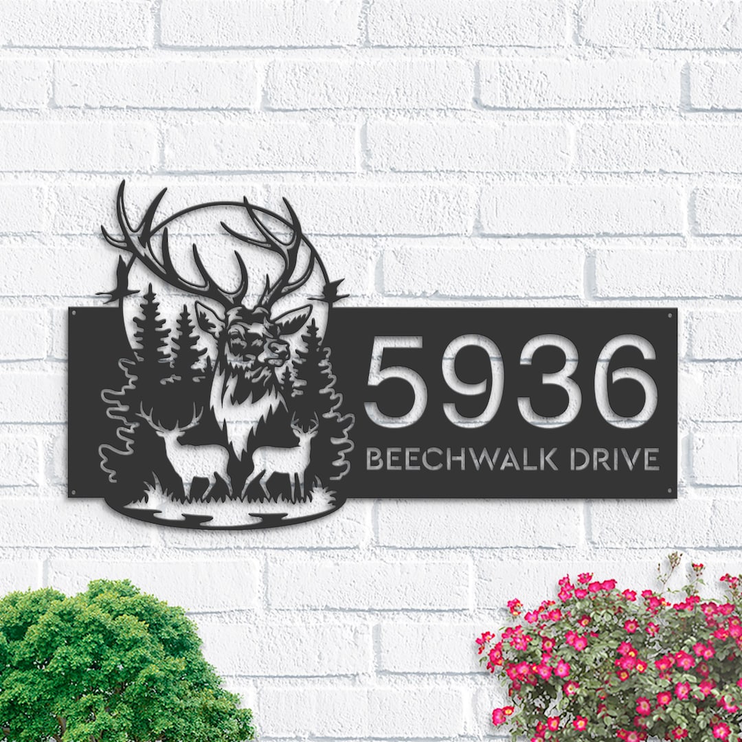 Personalized Deer Buck Forest Scene Metal Address Sign | Hanging ...
