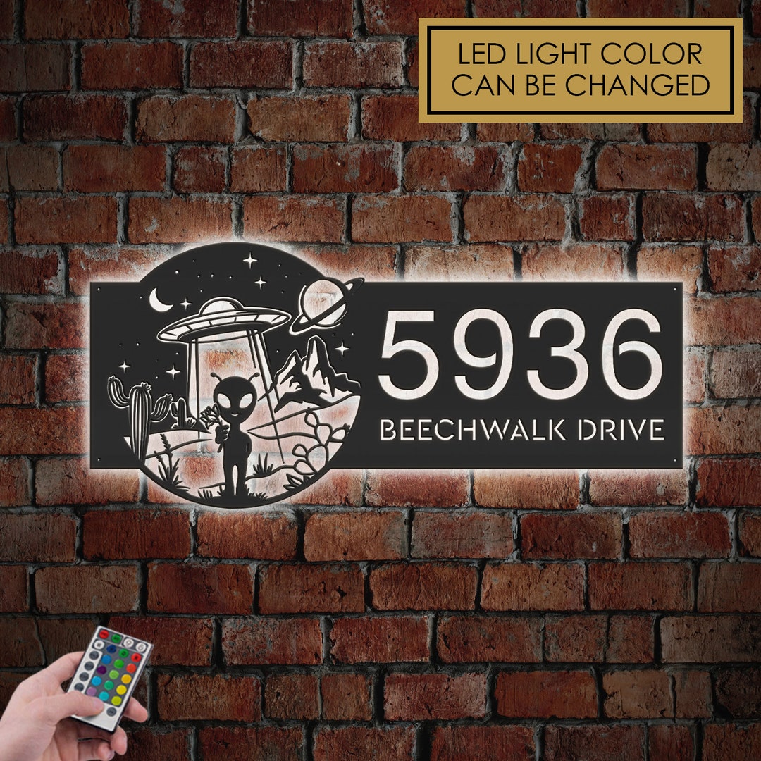 Personalized Alien on the Desert, UFO Metal Address Sign With LED ...