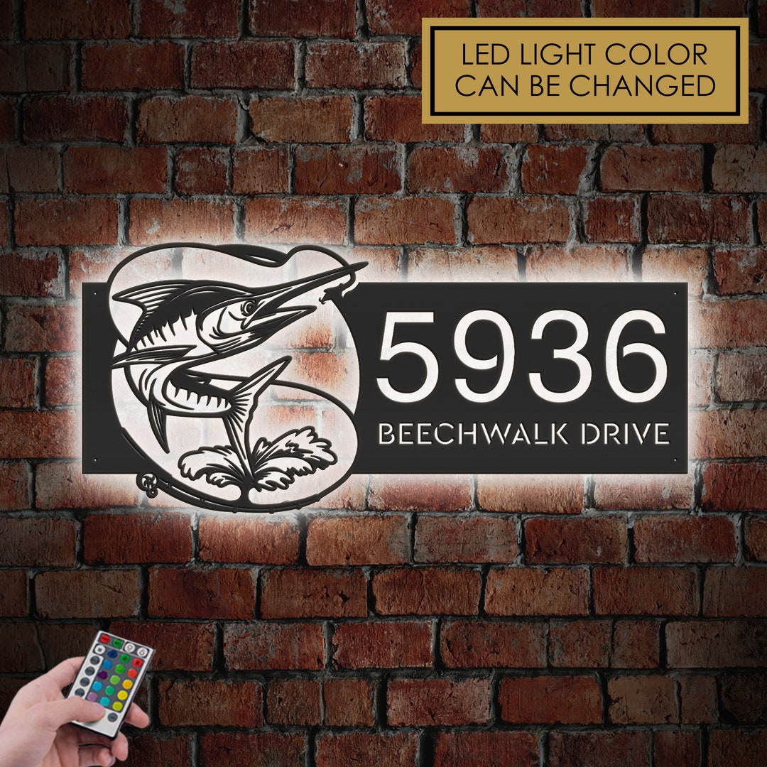 Personalized Marlin Fishing Metal Address Sign With LED Lights House ...