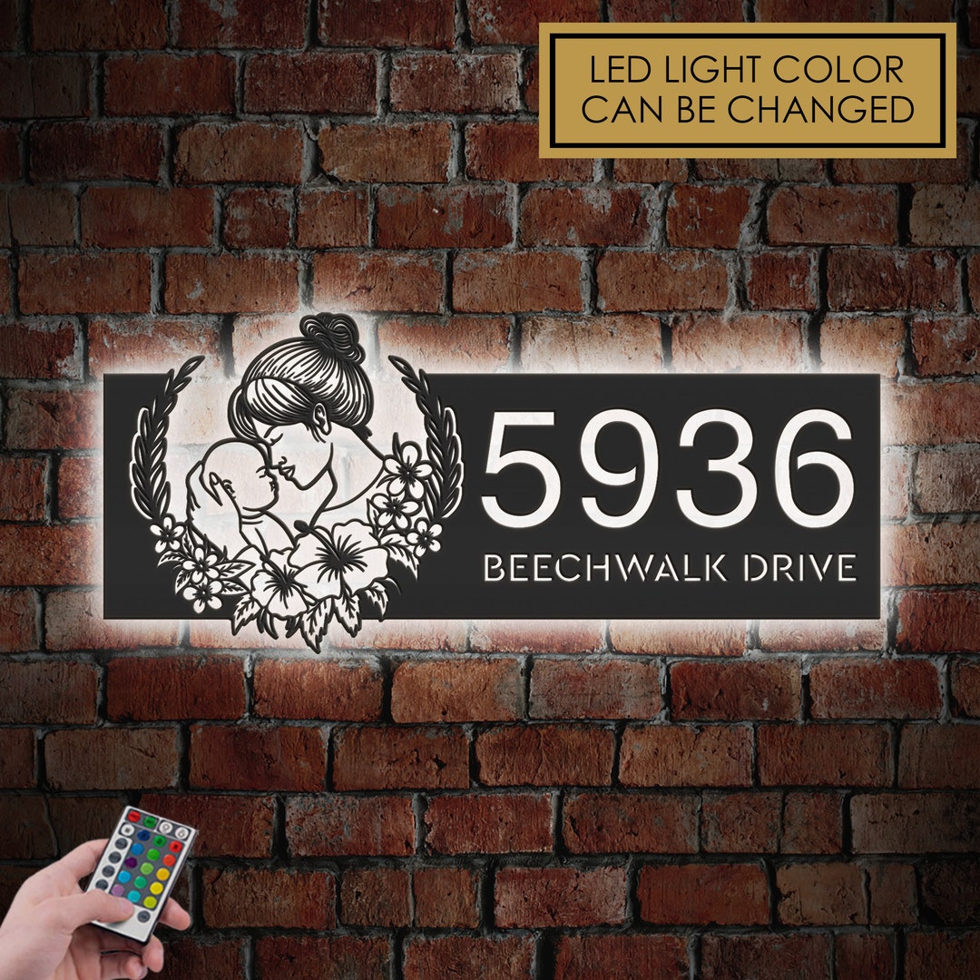 Personalized Floral Mom and Baby Metal Address Sign With LED Lights - Etsy