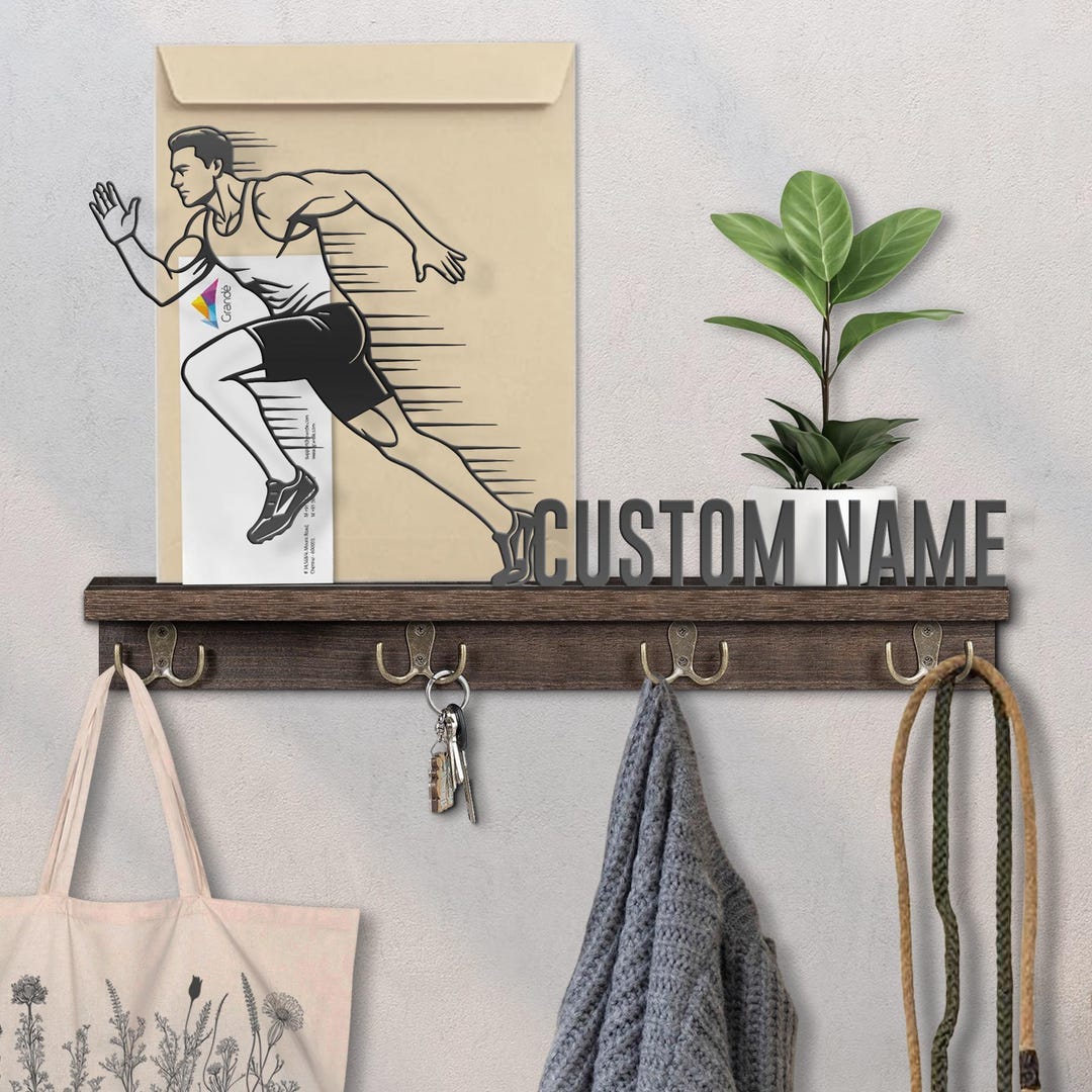 Personalized Track Runner Wooden Key Holder, Wall Mount Mail Organizer ...