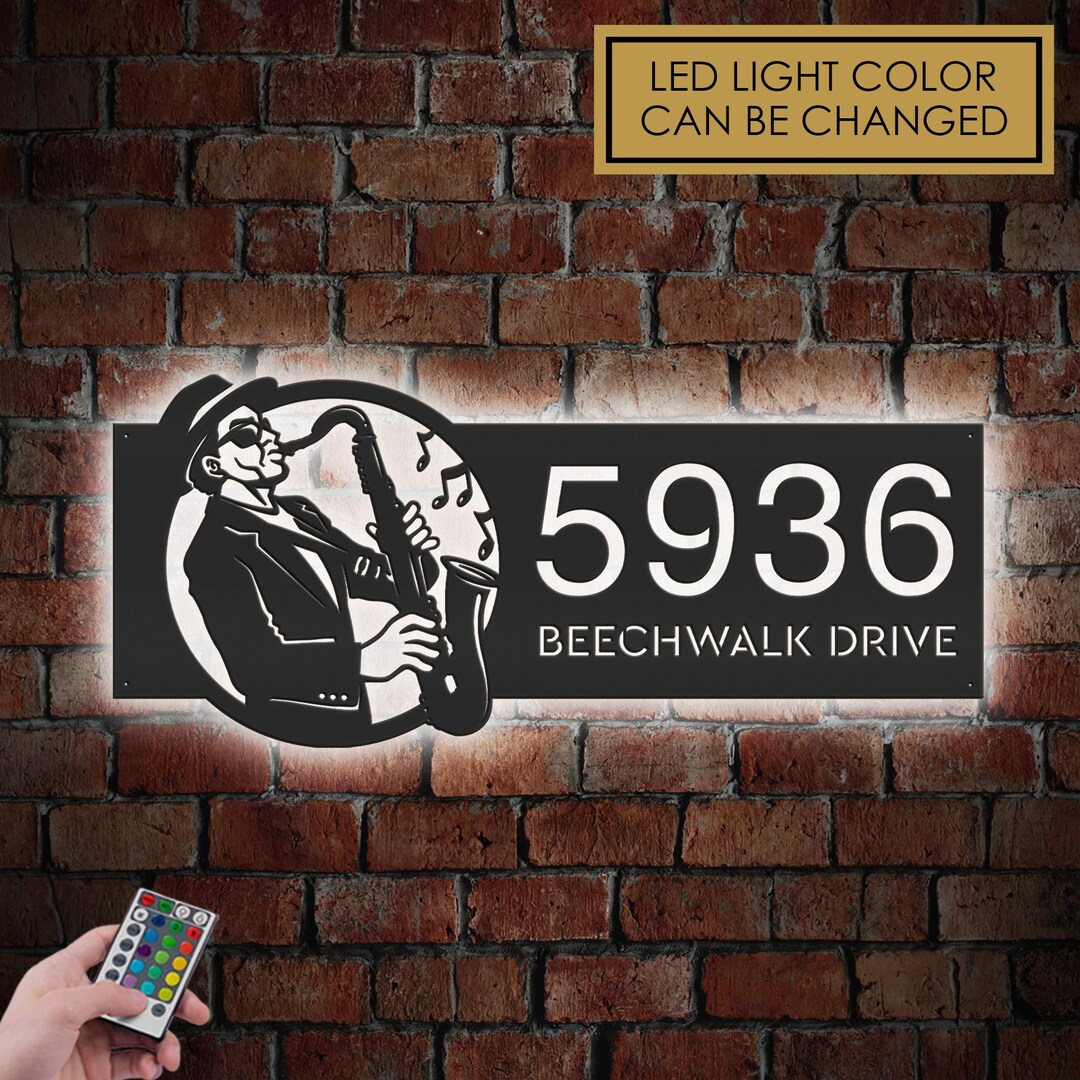 Personalized Saxophone Player Musician Metal Address Sign With LED ...