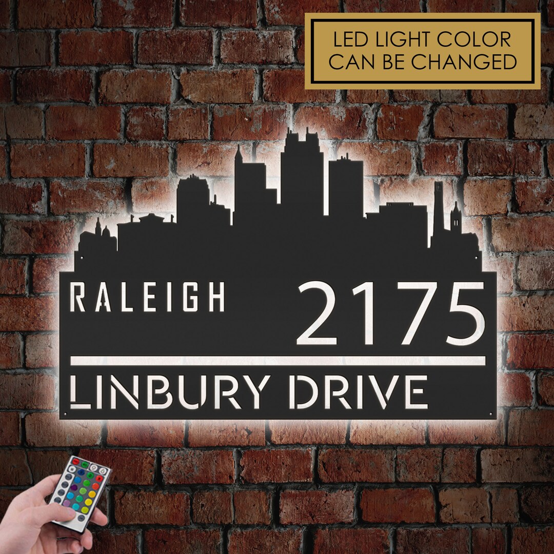 Personalized Raleigh Skyline Metal Address Sign With LED Lights - Etsy