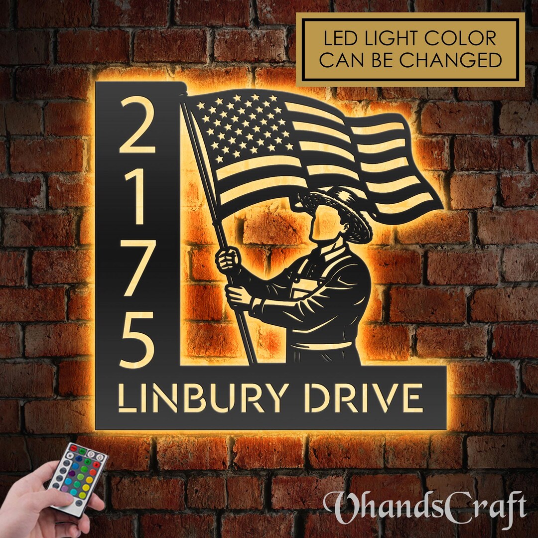 Personalized Farmer Waving US Flag LED Address Sign - Custom Metal ...