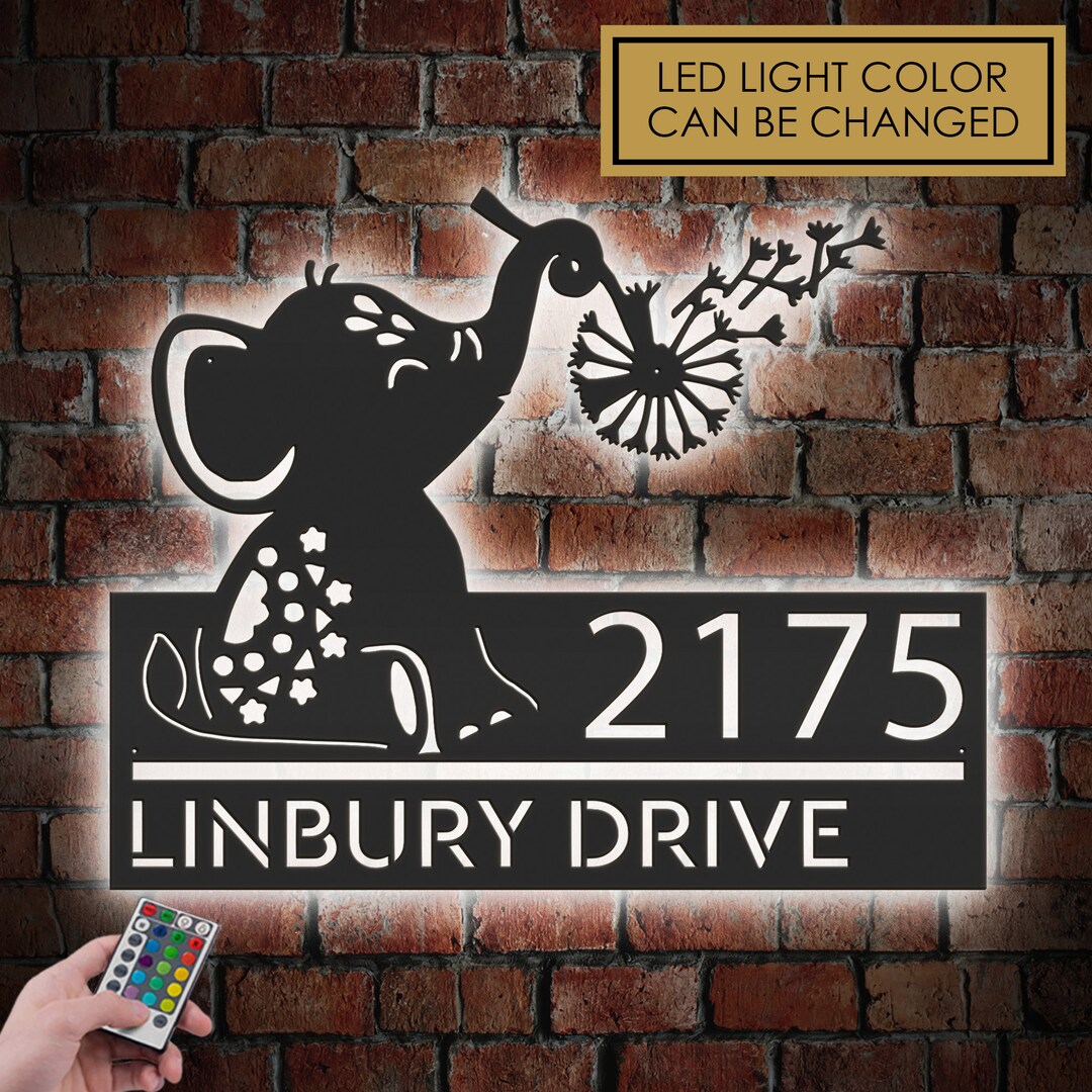 Personalized Cute Baby Elephant Metal Address Sign With LED Lights ...