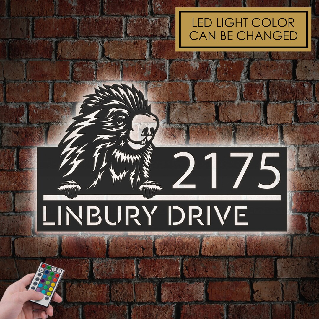 Personalized Peeking Porcupine Metal Address Sign With LED Lights House ...