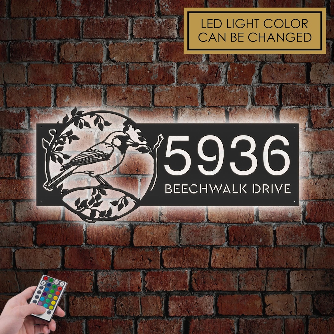 Personalized Finches on Tree Branch Metal Address Sign With LED Lights ...