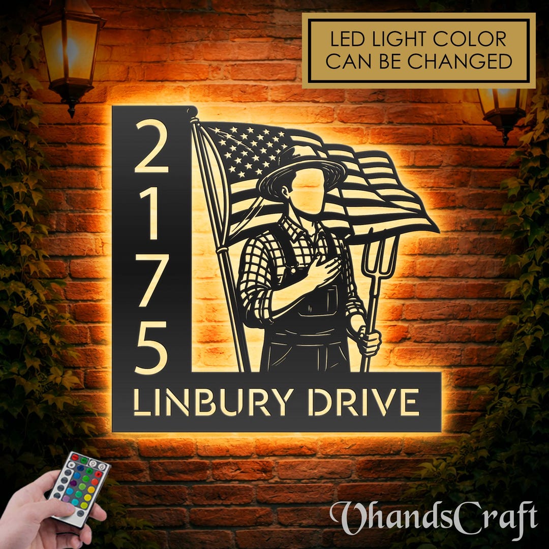 Personalized Farmer Under US Flag LED Address Sign - Custom Metal House ...