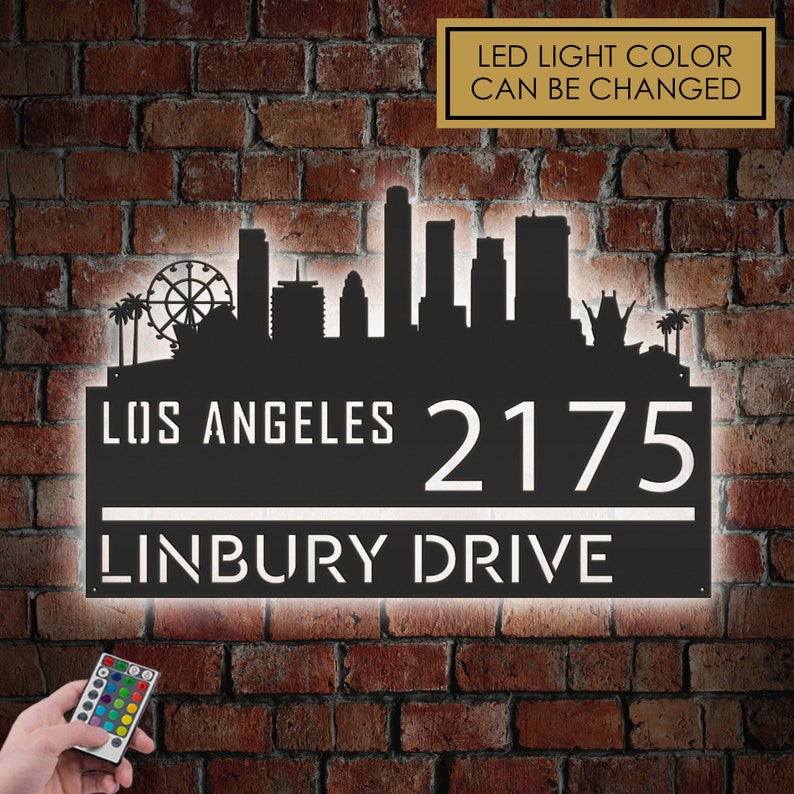 Personalized Los Angeles City Skyline Metal Address Sign With LED ...