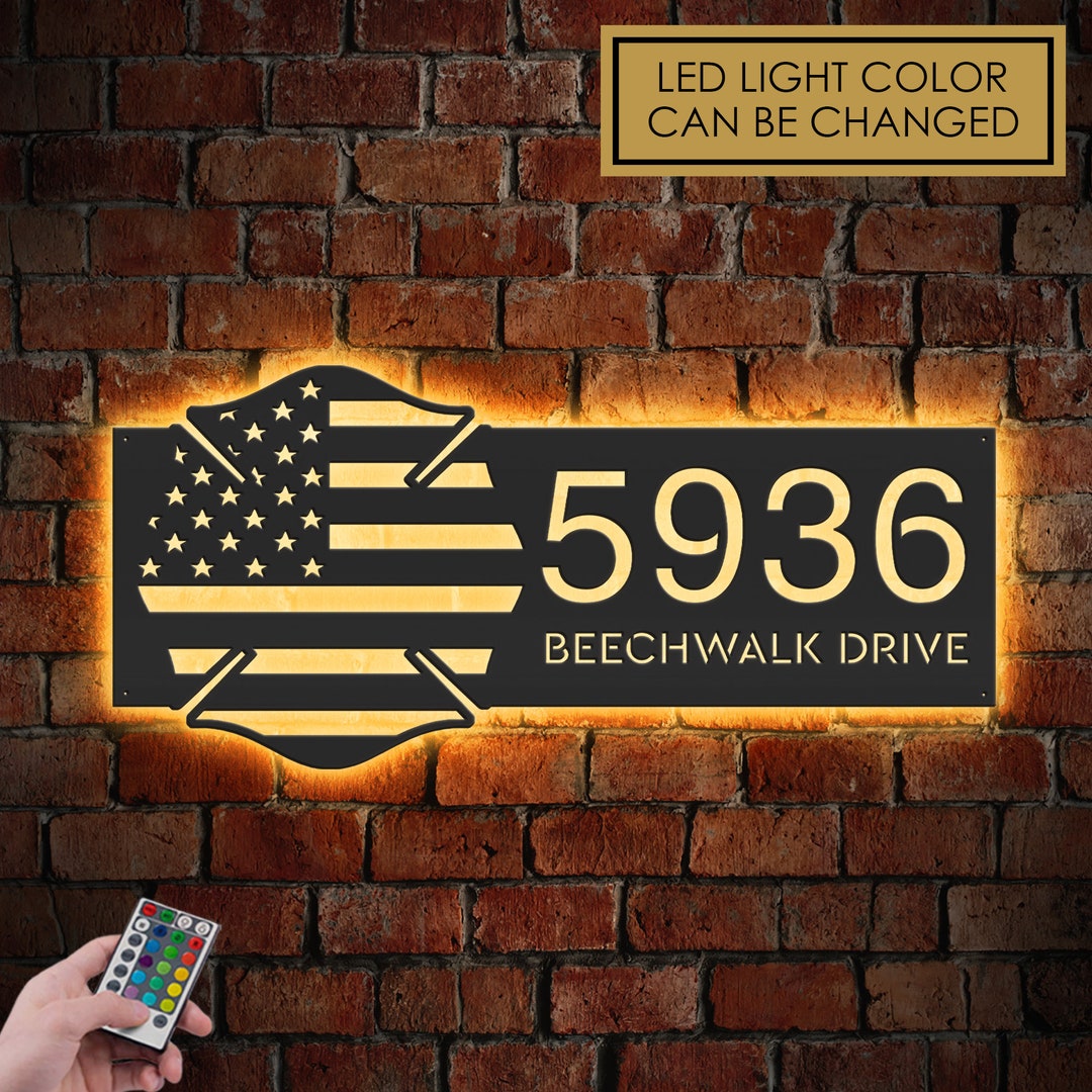 Personalized Fire Department Fireman US Flag Metal Address Sign With ...
