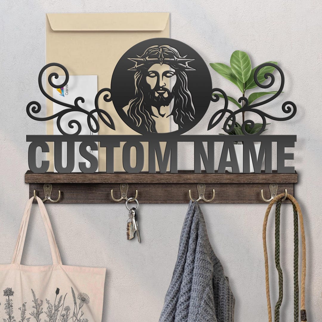 Personalized Jesus Christ Wooden Key Holder, Wall Mount Mail Organizer ...