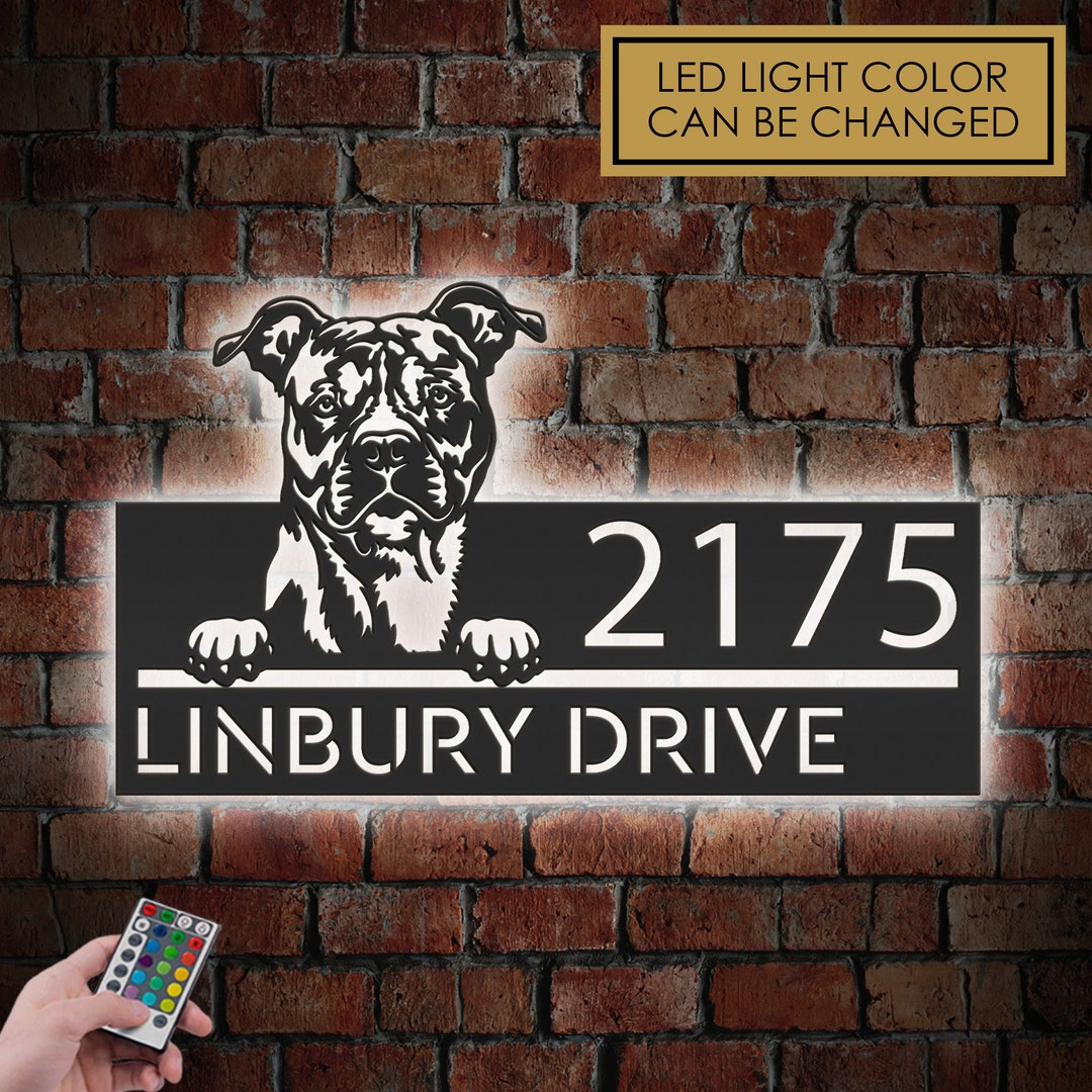 Personalized American Staffordshire Terrier Metal Address Sign With LED ...