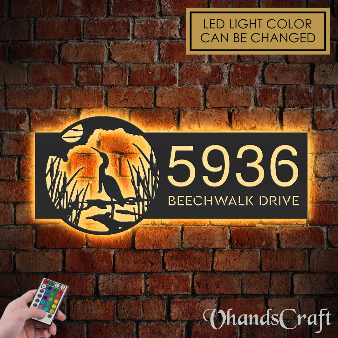 Personalized Heron on Lake Metal Address Sign With LED Lights House ...