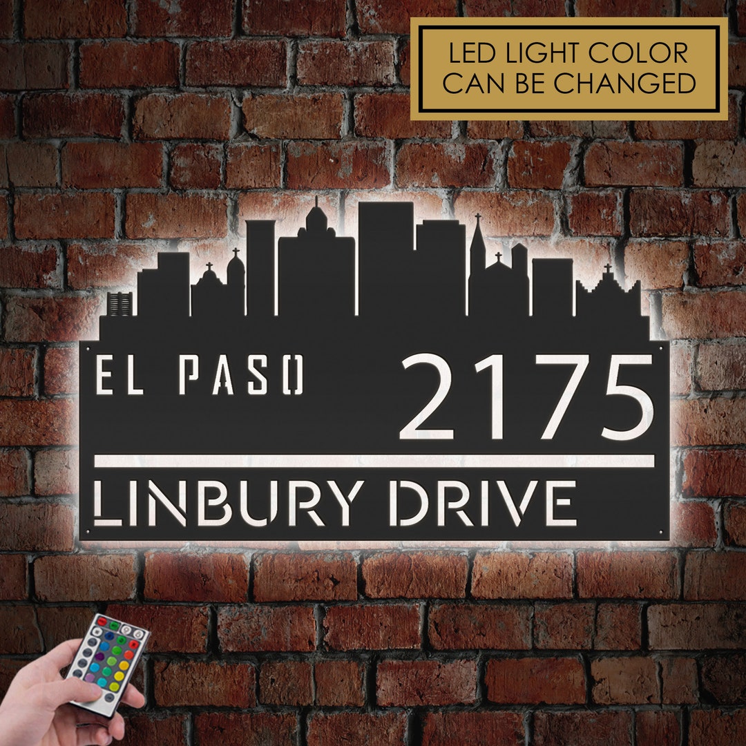 Personalized El Paso City Skyline Metal Address Sign With LED Lights ...