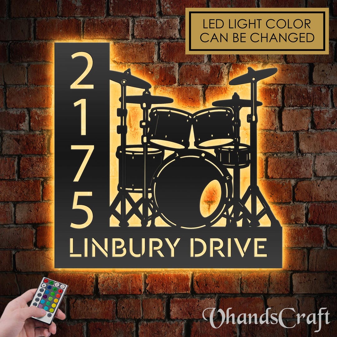 Personalized Drum Kit Set Address Sign With LED Lights - Custom Metal ...