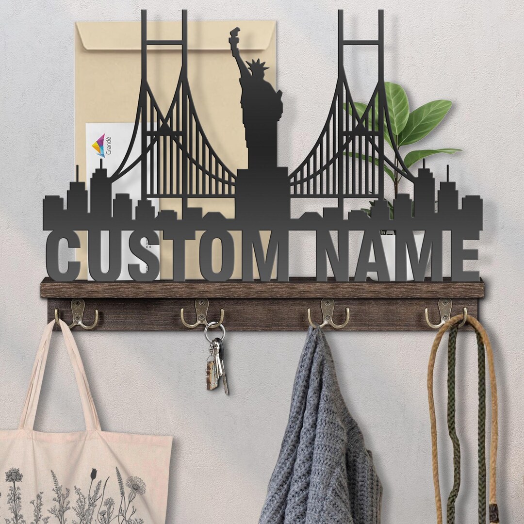 Personalized New York Skyline Key Holder, Wooden Mail Organizer With 4 ...