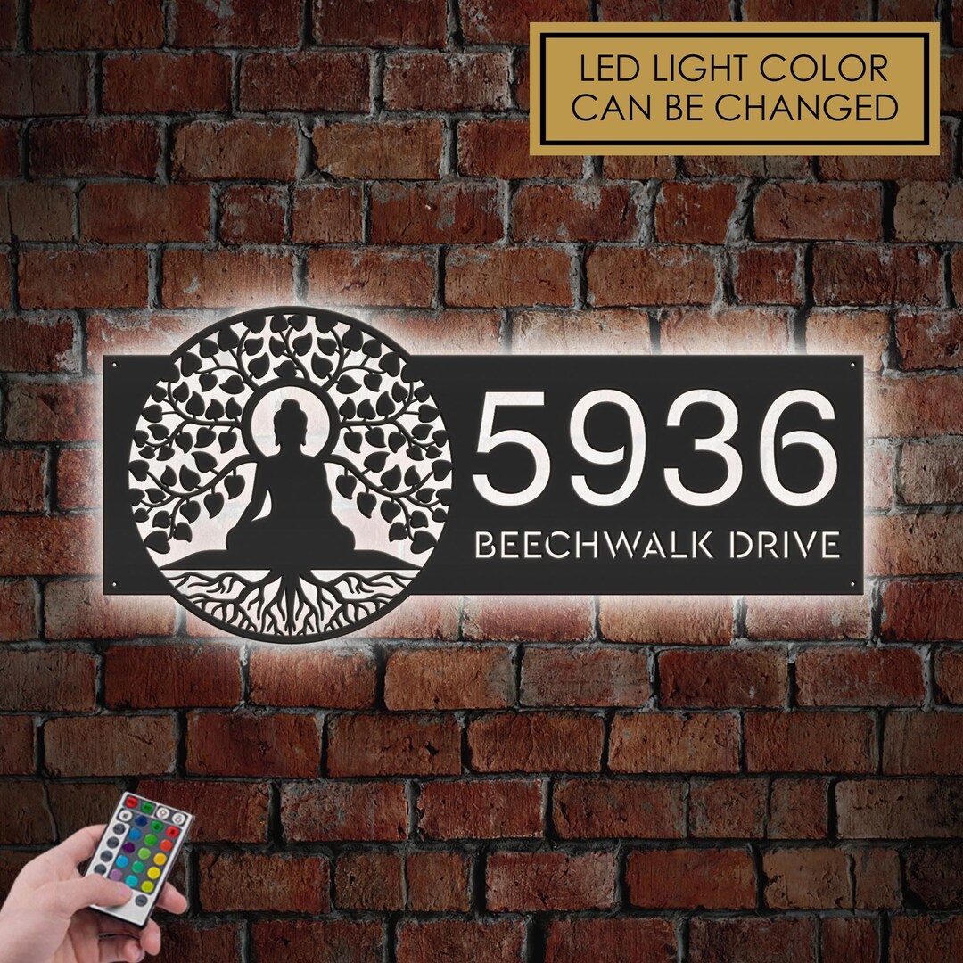 Personalized Buddha Tree of Life Metal Address Sign With LED Lights ...