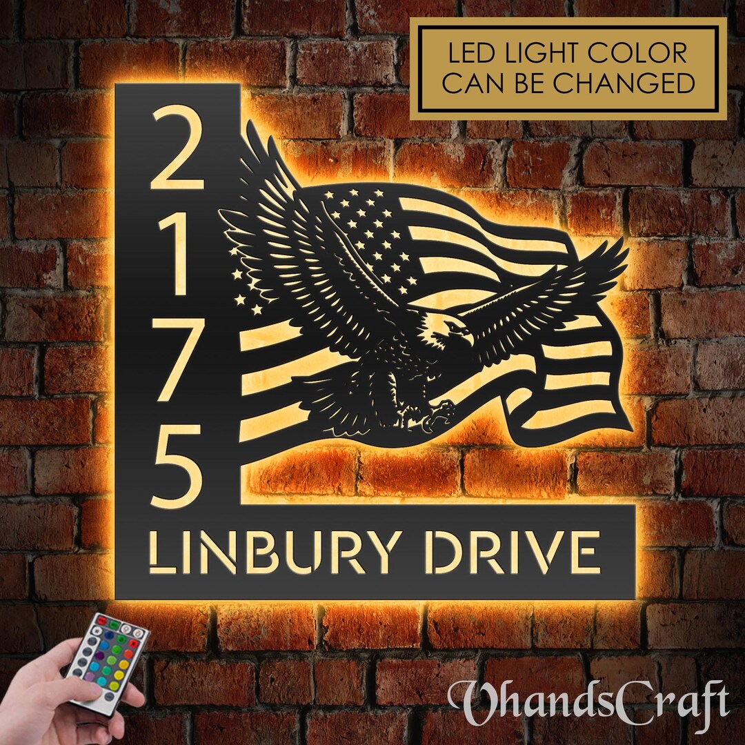 LED Address Sign – Bald Eagle, American Flag, Custom Metal House Number ...