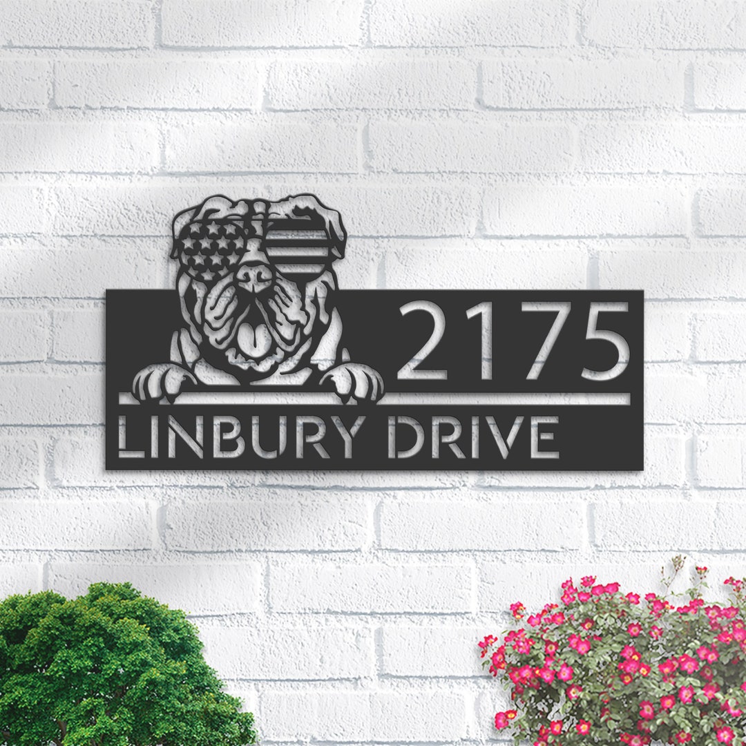 Personalized English Bulldog Dog US Flag Glasses Metal Address Sign ...